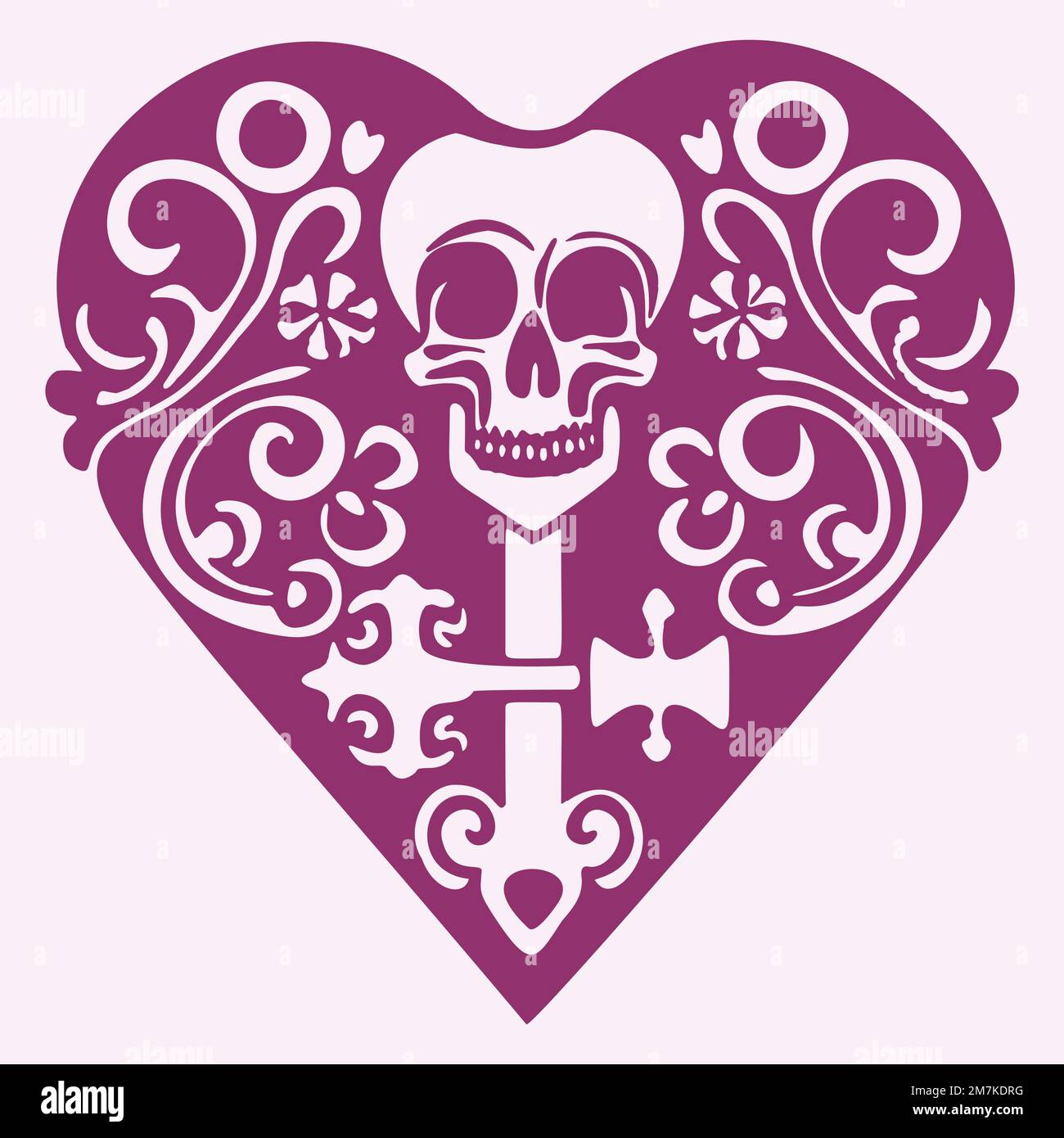 Valentines day goth skull vector drawing. Block print of low brow heart ...