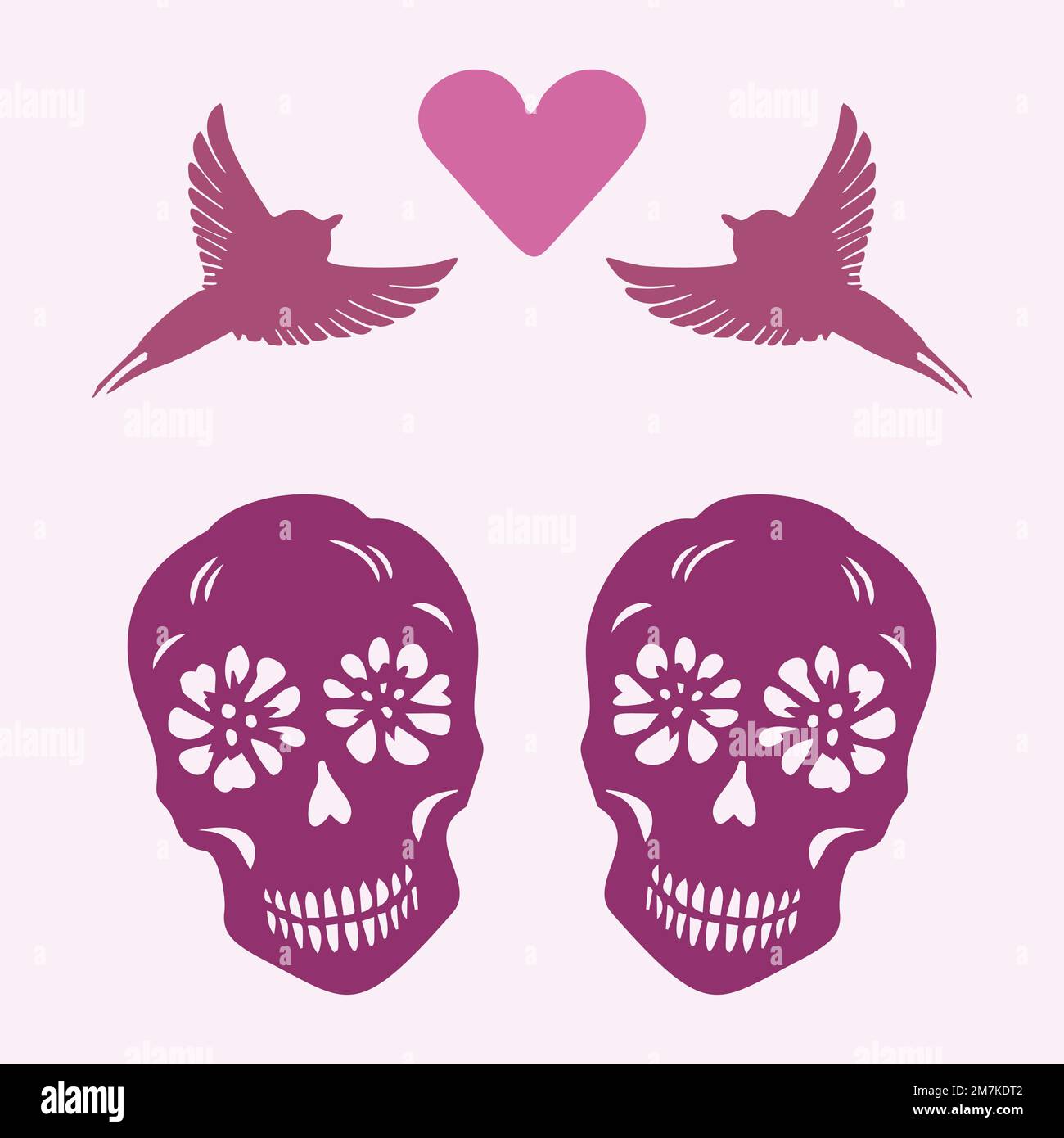 Gothic gay couple skull vector illustration in viva magenta. Tattoo ...