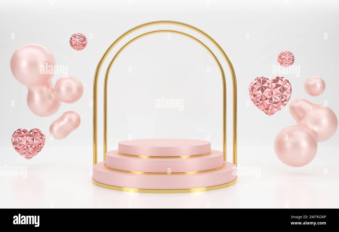 3d rendering Pink podium steps with Gold gate shape and hearts shape ...