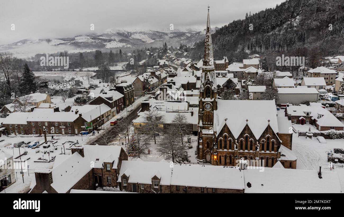Aerial views of Scottish town Callander as residents face an amber turned Met weather yellow ...