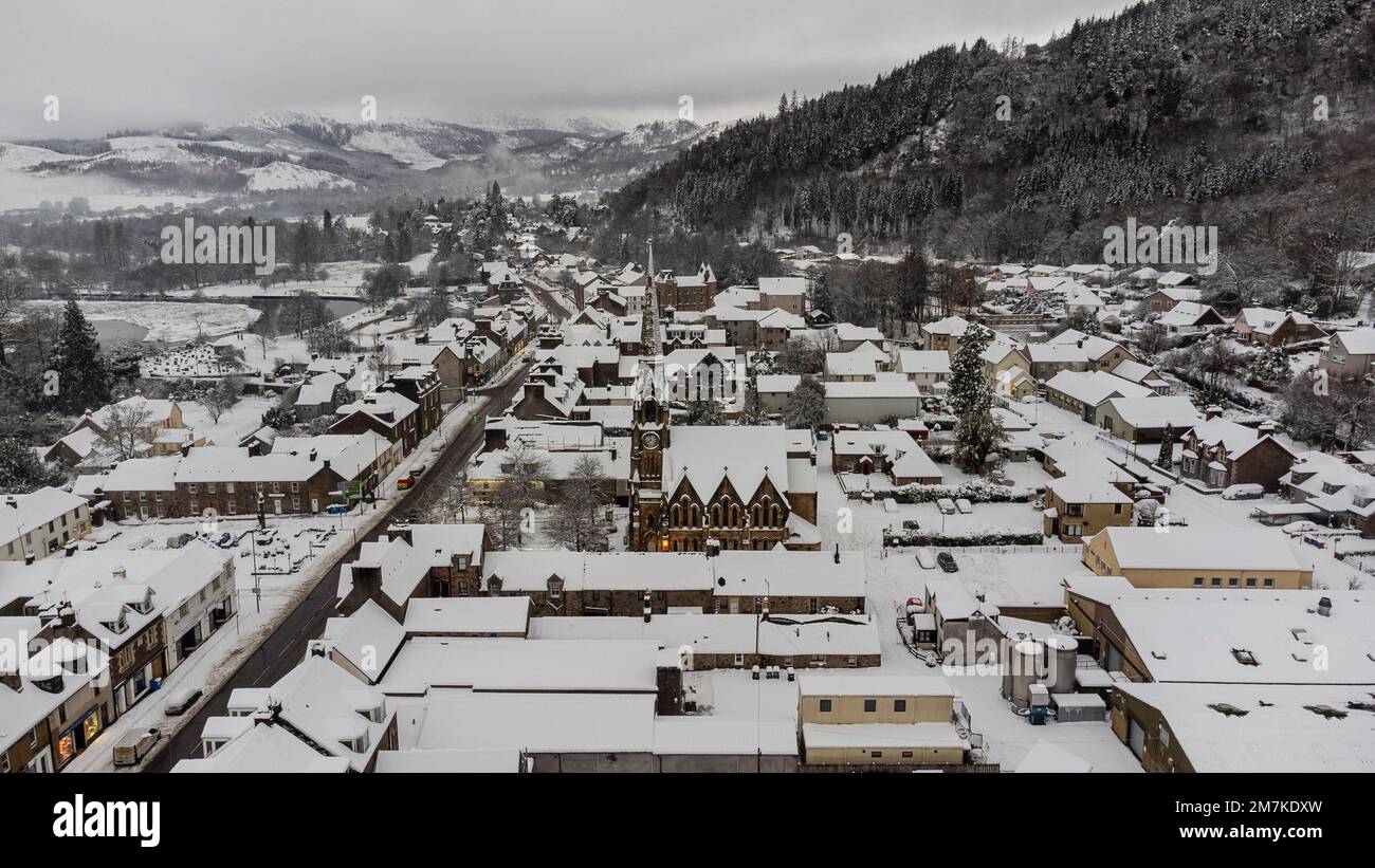 Aerial views of Scottish town Callander as residents face an amber ...