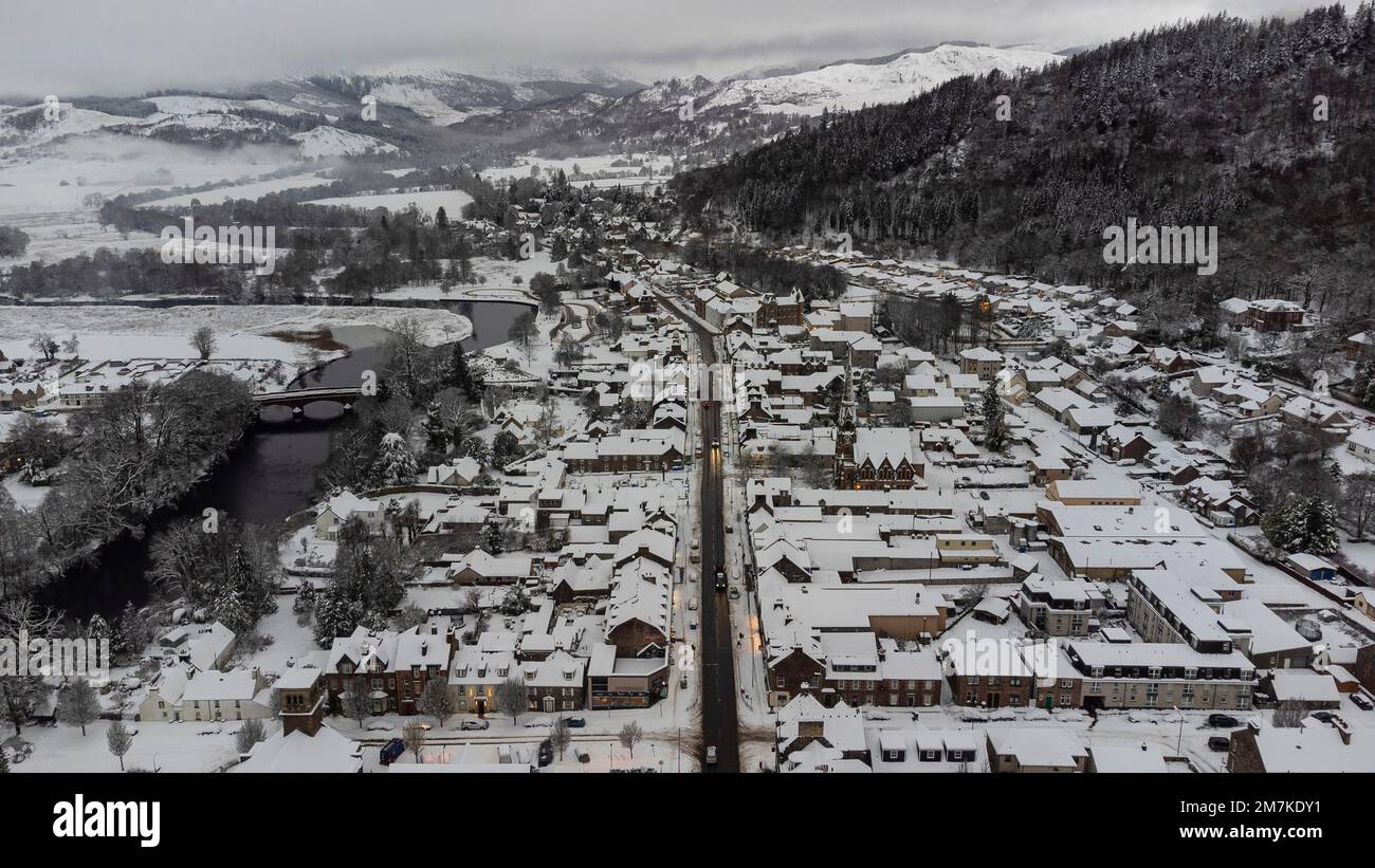Aerial views of Scottish town Callander as residents face an amber ...
