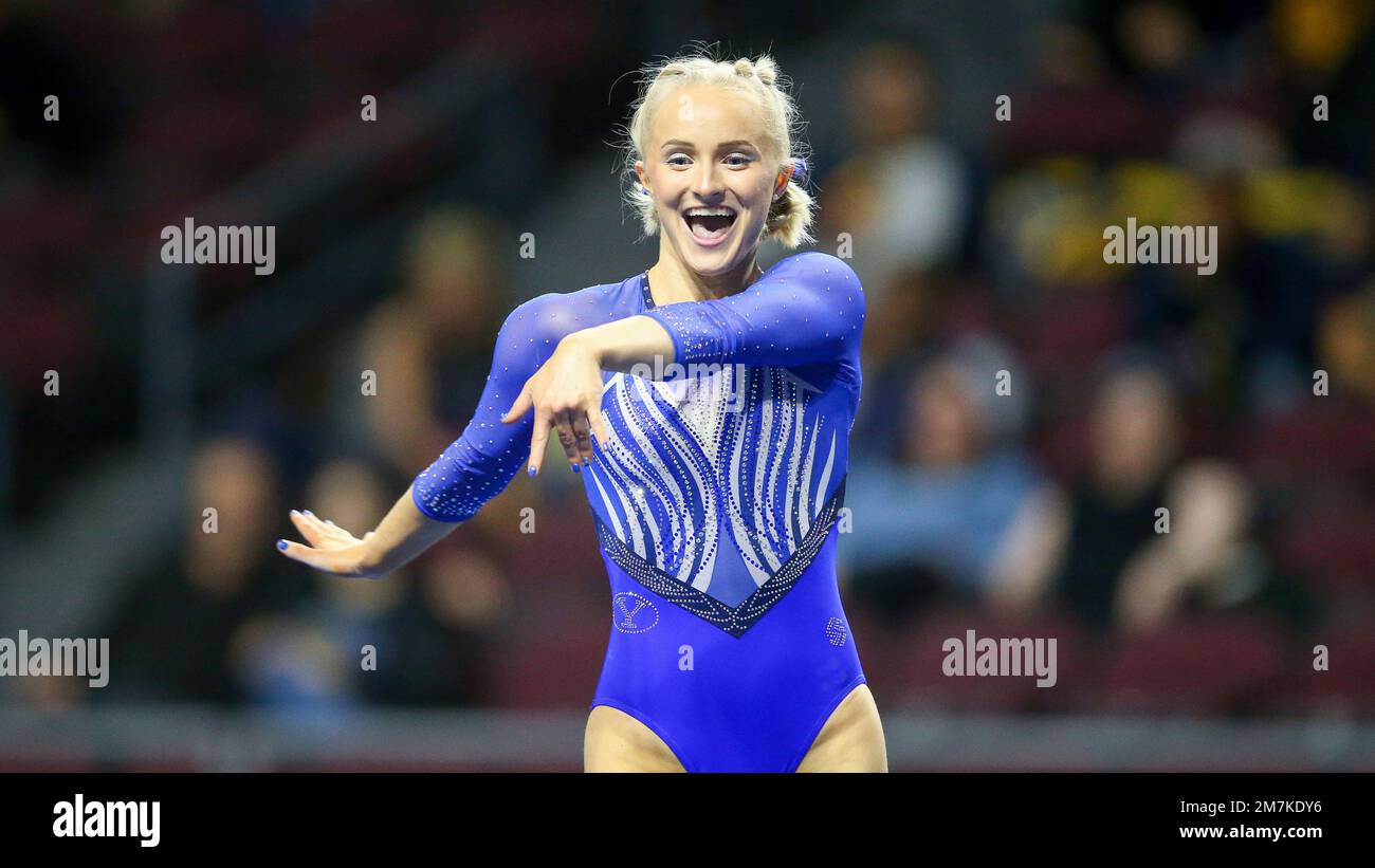 Brigham Young's Rebekah Ripley competes on the floor exercise during an ...