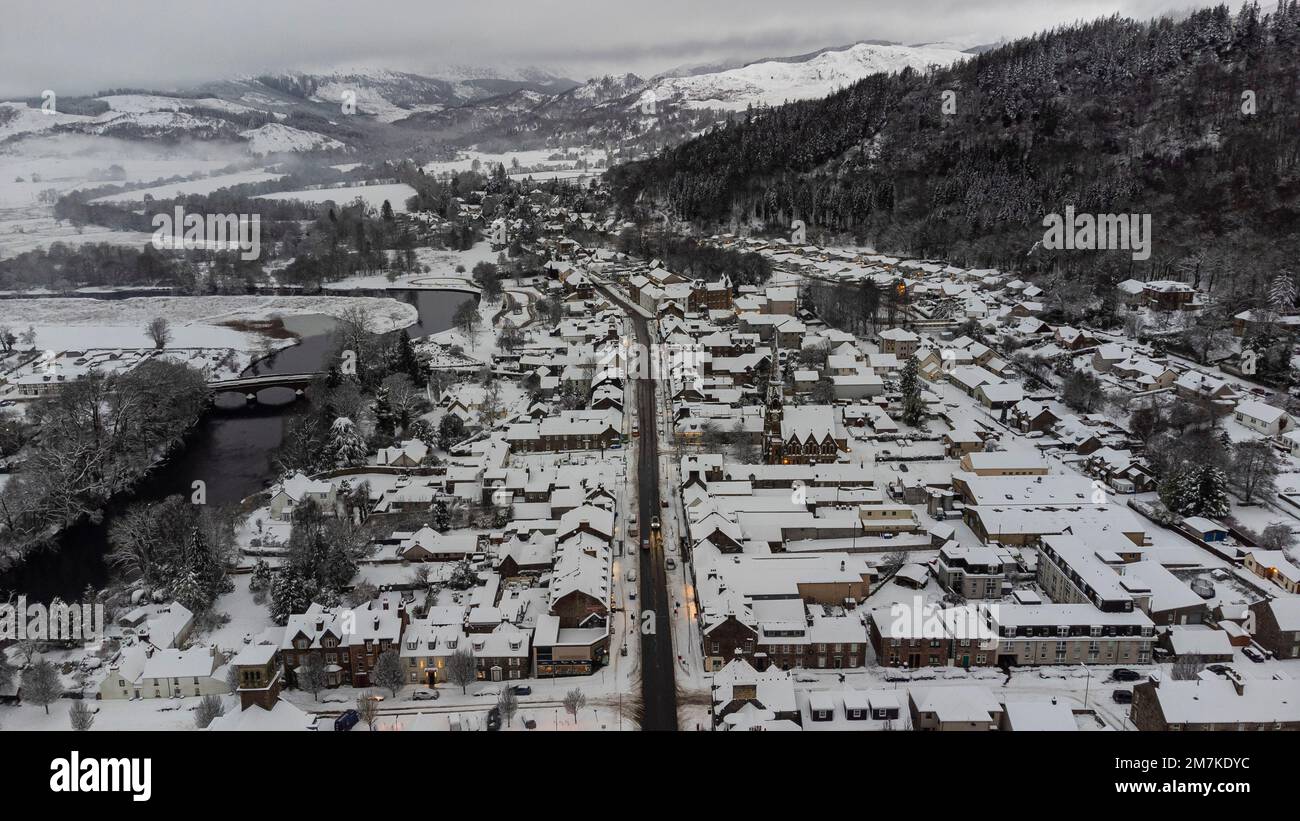 Aerial views of Scottish town Callander as residents face an amber ...