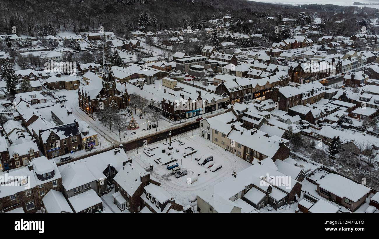 Aerial views of Scottish town Callander as residents face an amber ...