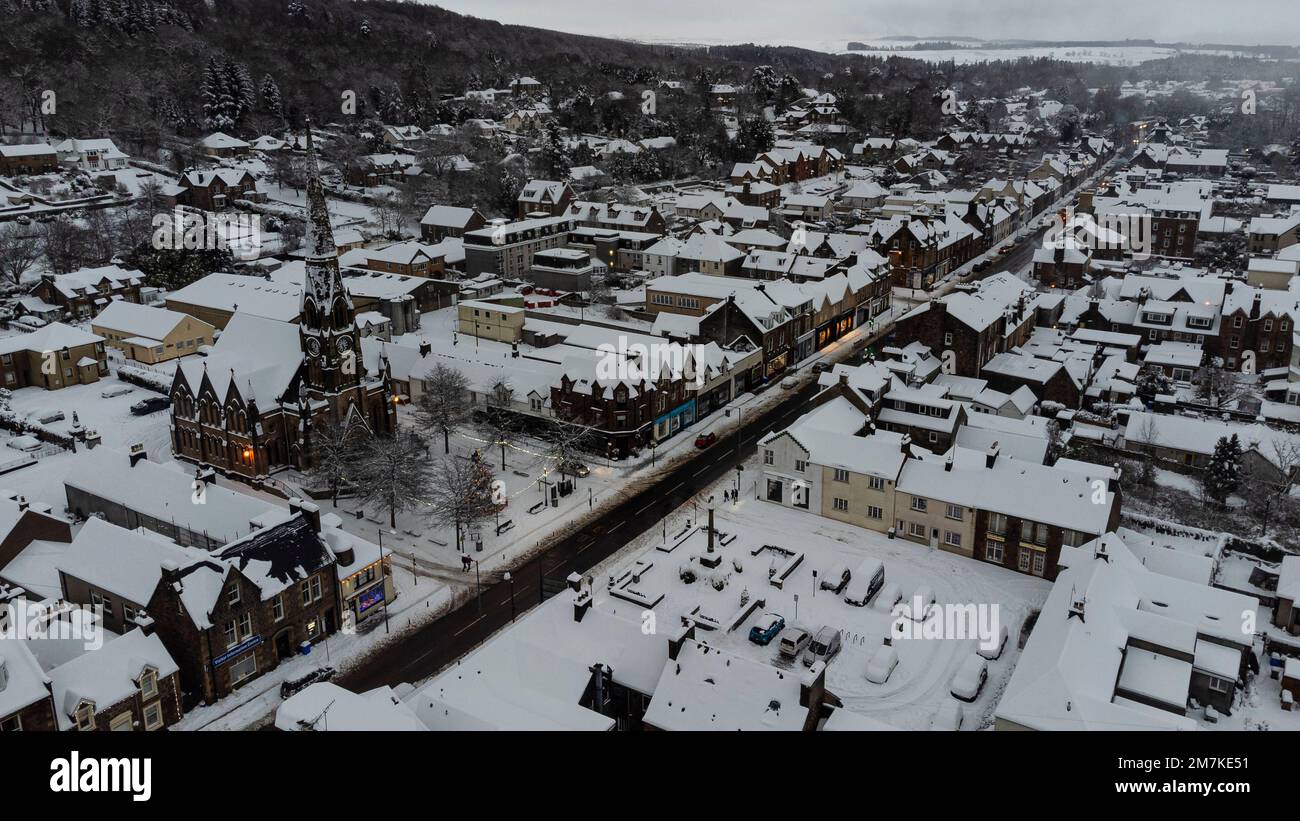 Aerial views of Scottish town Callander as residents face an amber ...