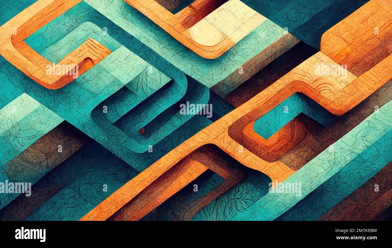 Maze-like geometric patterns in retro blue and orange coloring, images ...