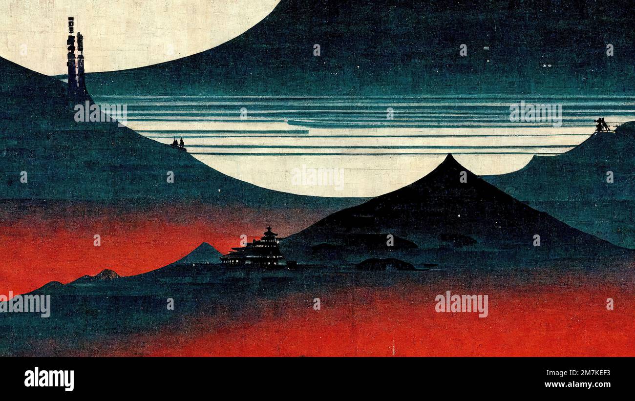 Red and blue gradient mountains, Katsushika Hokusai style modern, retro ...