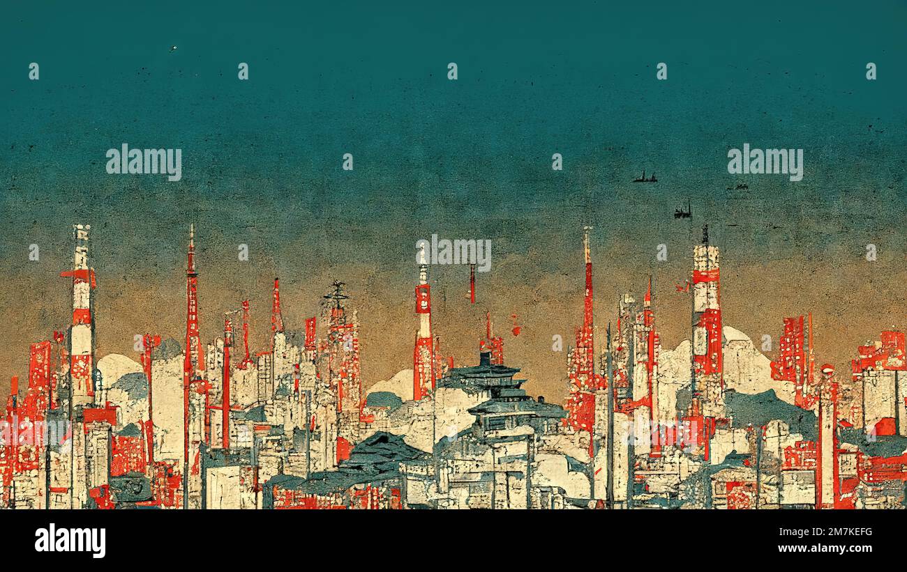 Distant view of a modern city in blue and red, Japanese paper texture ...