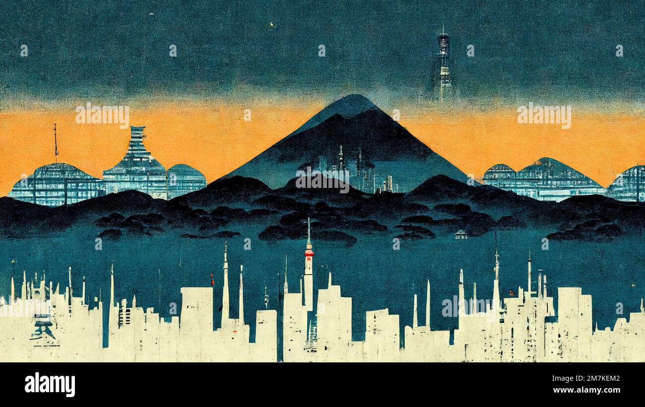 Distant view of white city and blue mountains, Japanese paper texture ...