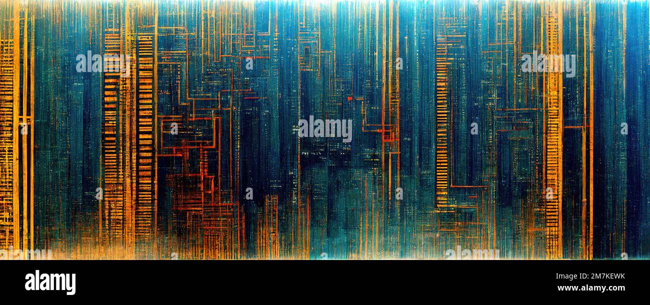 Linear mechanical structure wiring and code, teal and orange futuristic ...