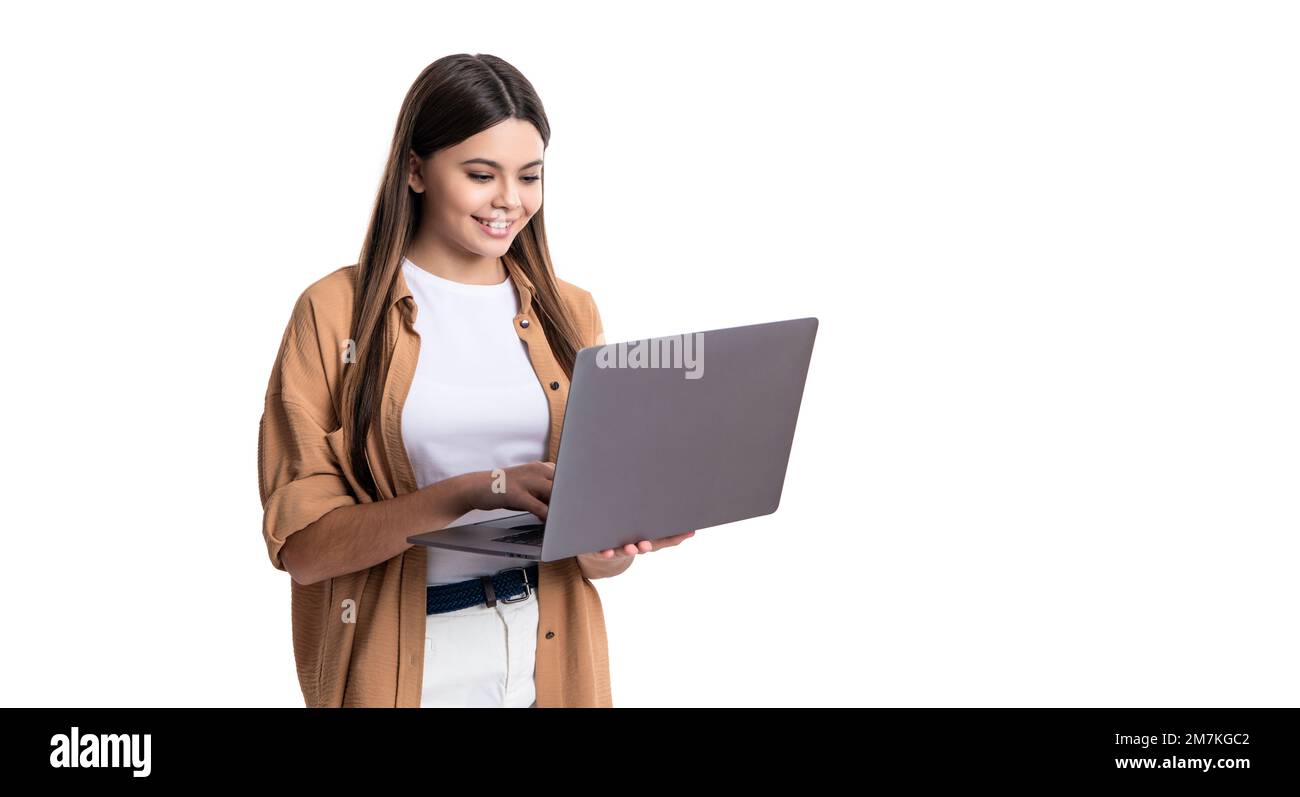 school girl use laptop for education, copy space. teen girl with pc for ...