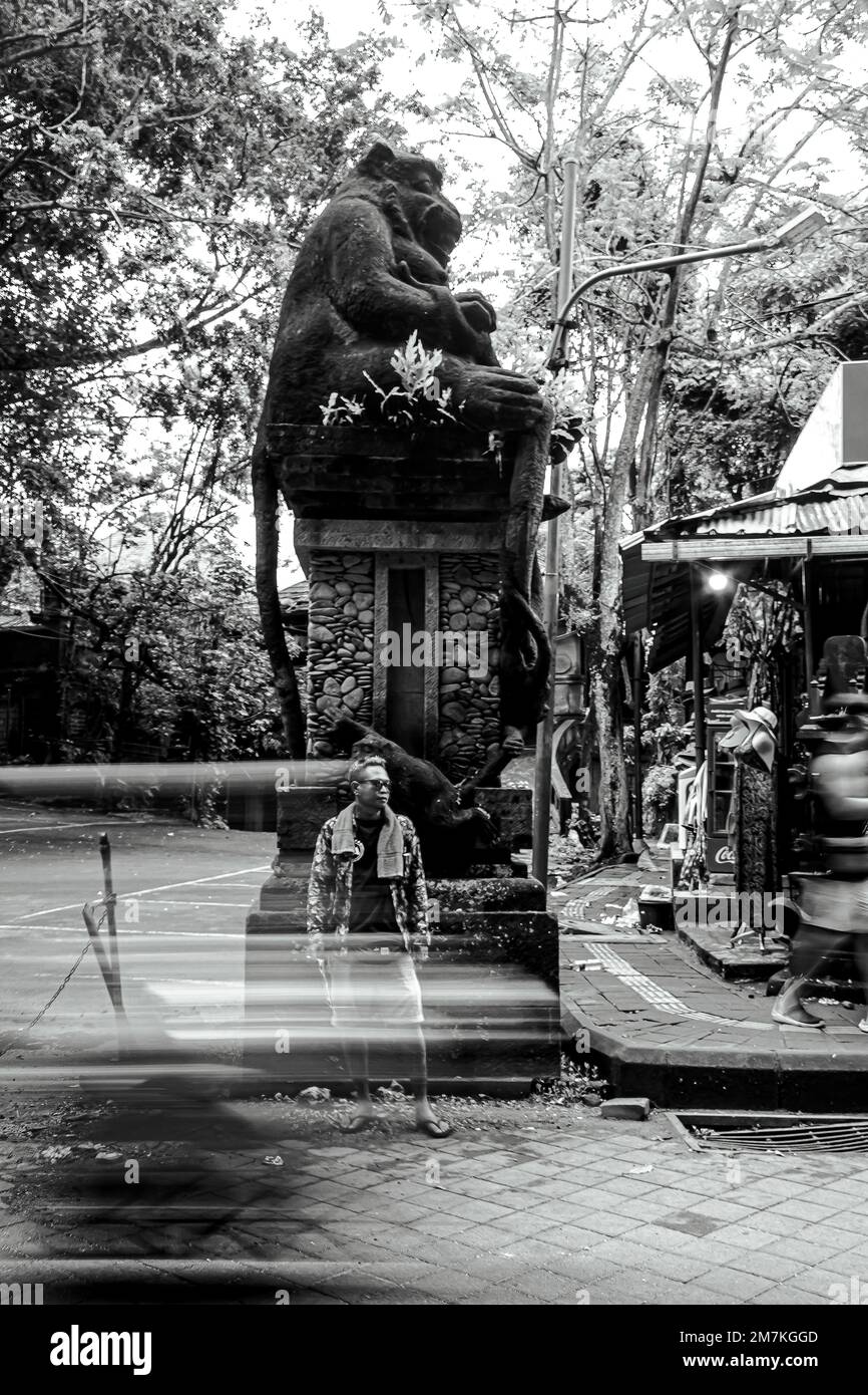 A greyscale shot of a Balinese man in front of a giant monkey statue ...
