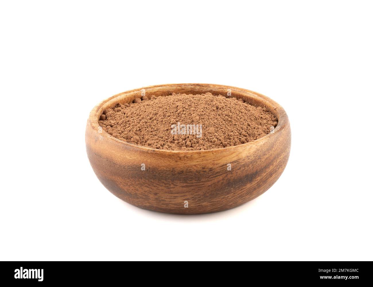 Wooden bowl full of cocoa powder isolated on white background. Copy ...