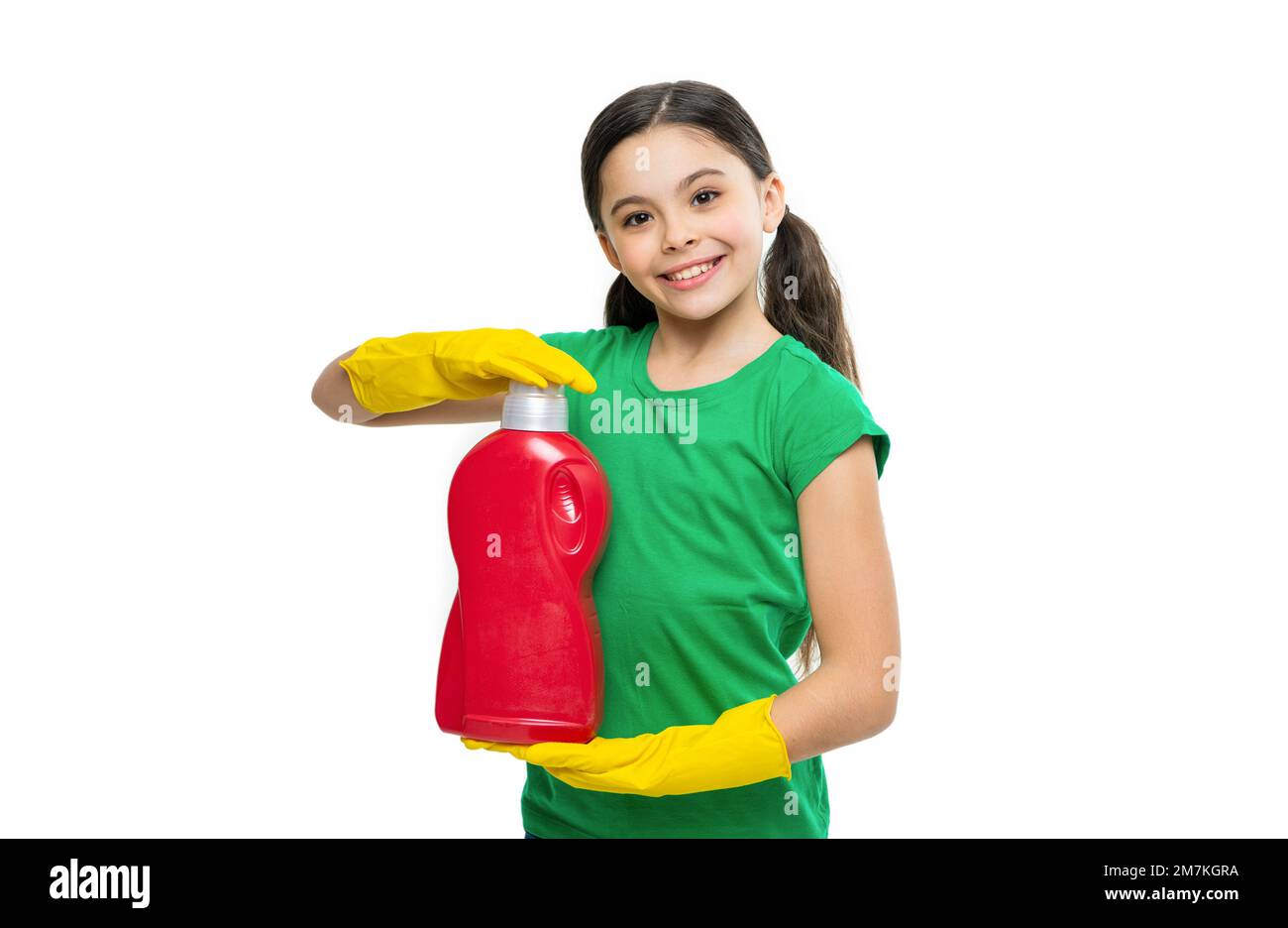 smiling girl cleaner with detergent on background. photo of girl ...