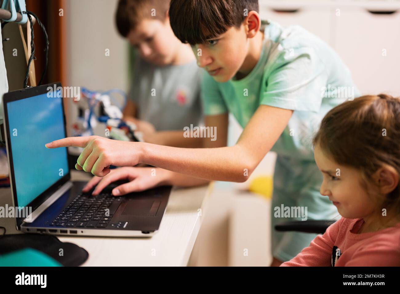 Children learning repairing getting lesson control robot arm, robotic ...