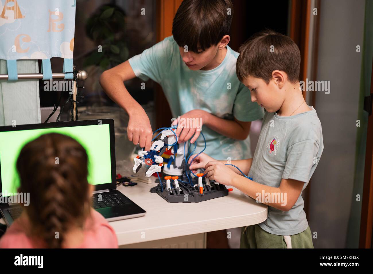 Children learning repairing getting lesson control robot arm, robotic ...