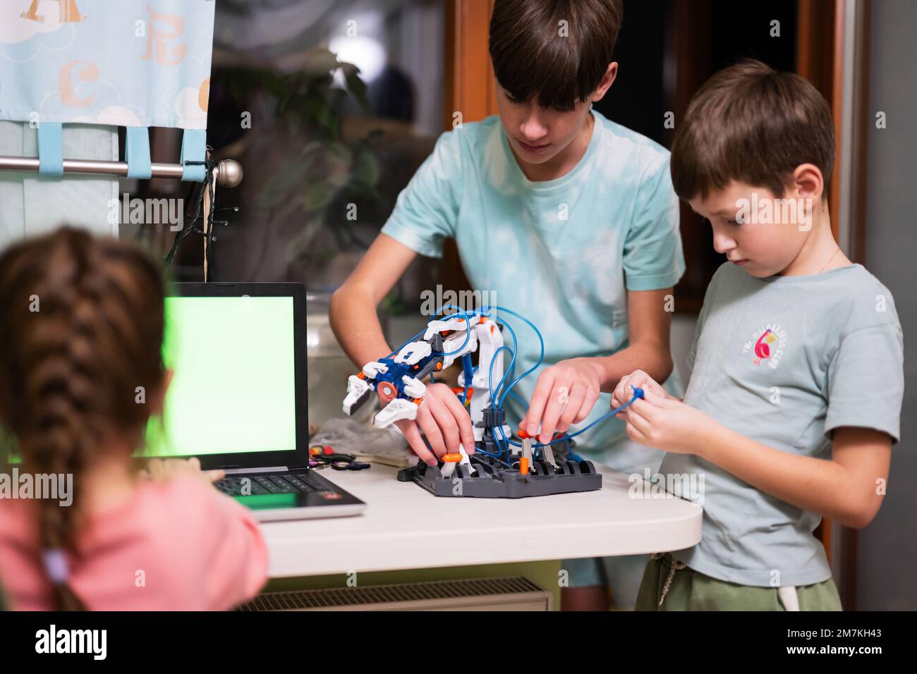 Children learning repairing getting lesson control robot arm, robotic ...
