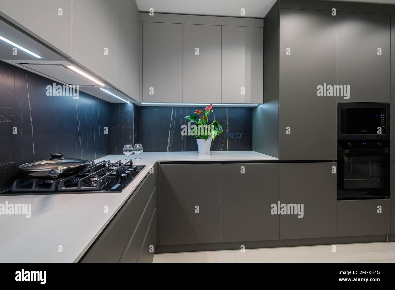 Luxury grey, white and blue kitchen details in the corner Stock Photo ...