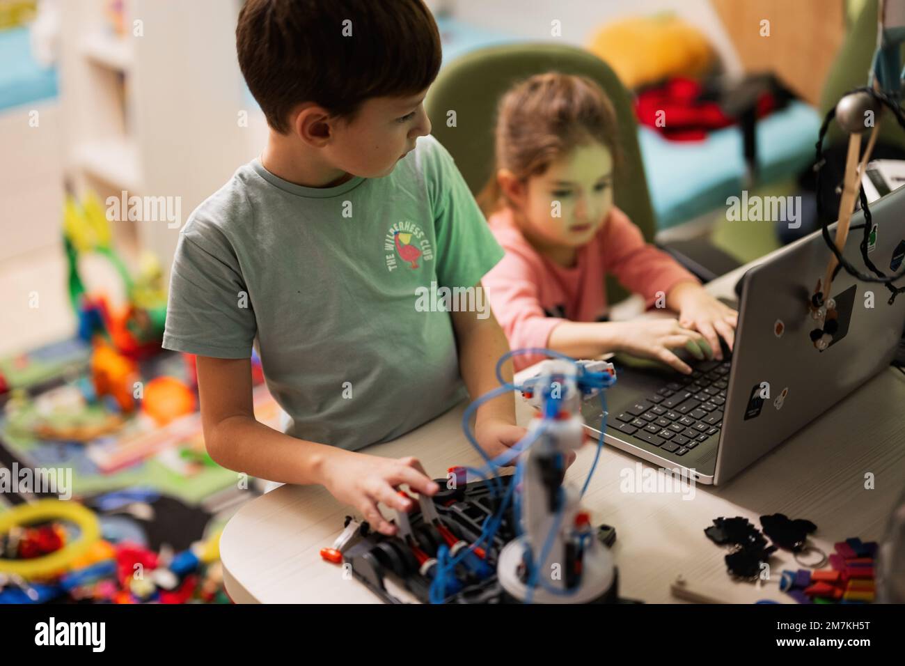 Children learning repairing getting lesson control robot arm, robotic ...