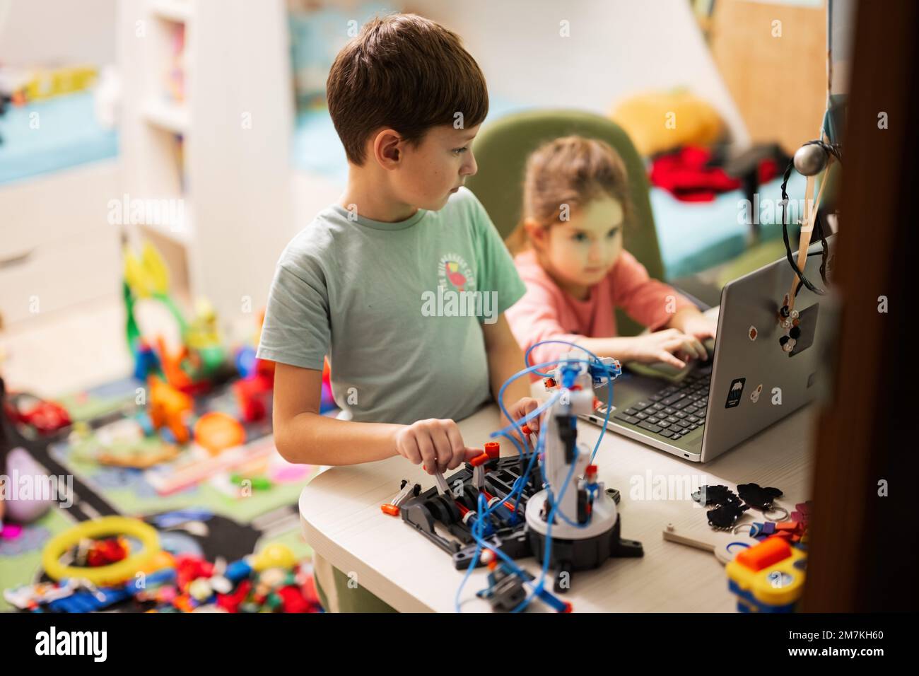 Children learning repairing getting lesson control robot arm, robotic ...