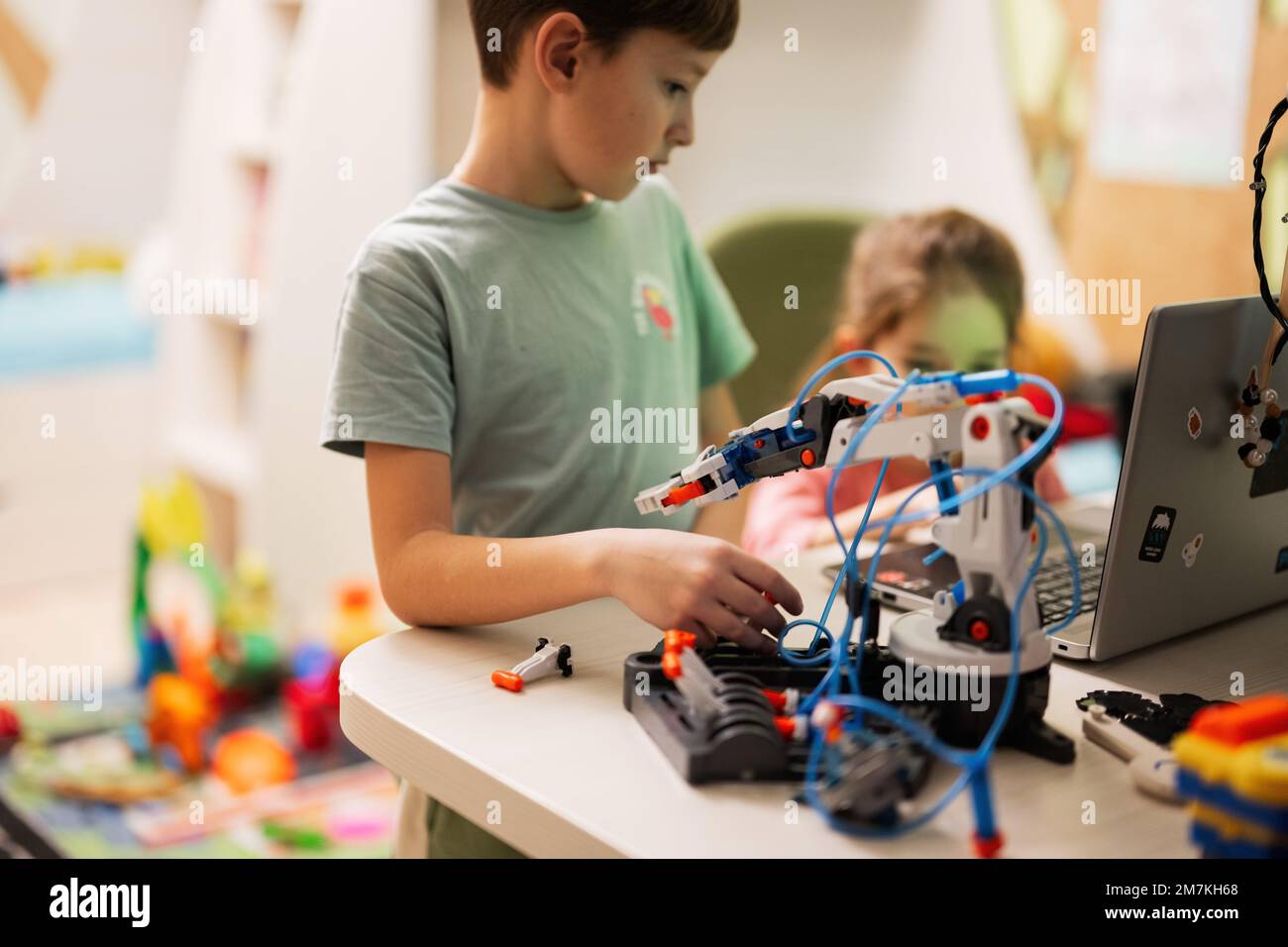 Children learning repairing getting lesson control robot arm, robotic ...