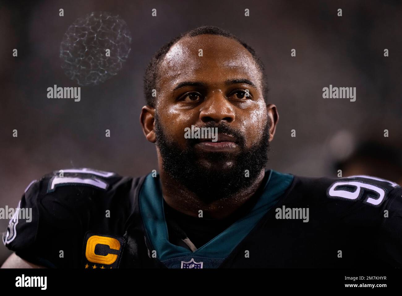 Philadelphia Eagles' Fletcher Cox watches during an NFL football game ...