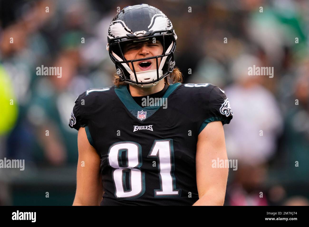Philadelphia Eagles' Grant Calcaterra reacts before an NFL football ...