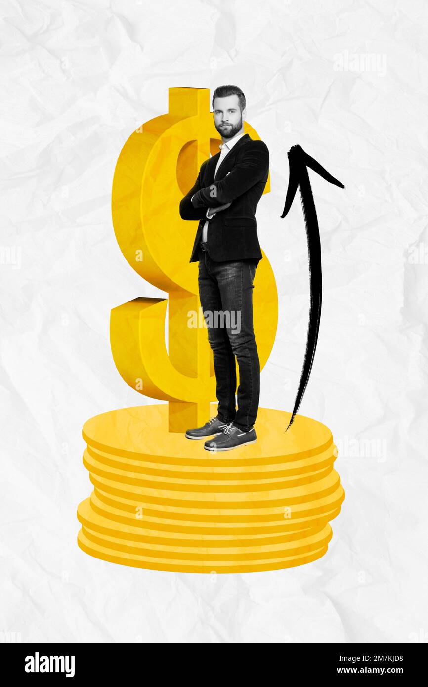 Vertical collage picture of successful black white gamma guy crossed ...
