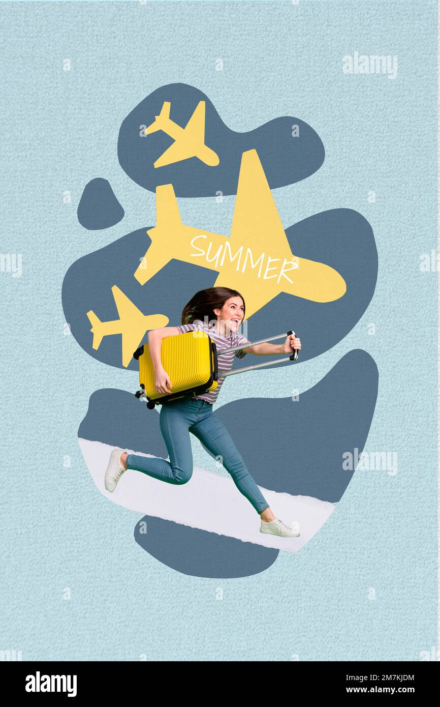 Vertical collage image of excited positive girl hands hold suitcase ...