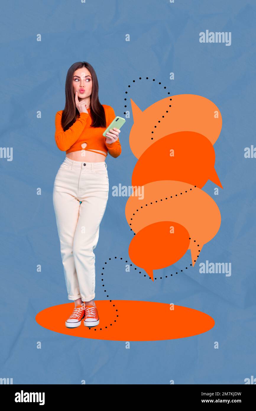 Vertical collage image of minded tricky girl finger touch chin hold ...