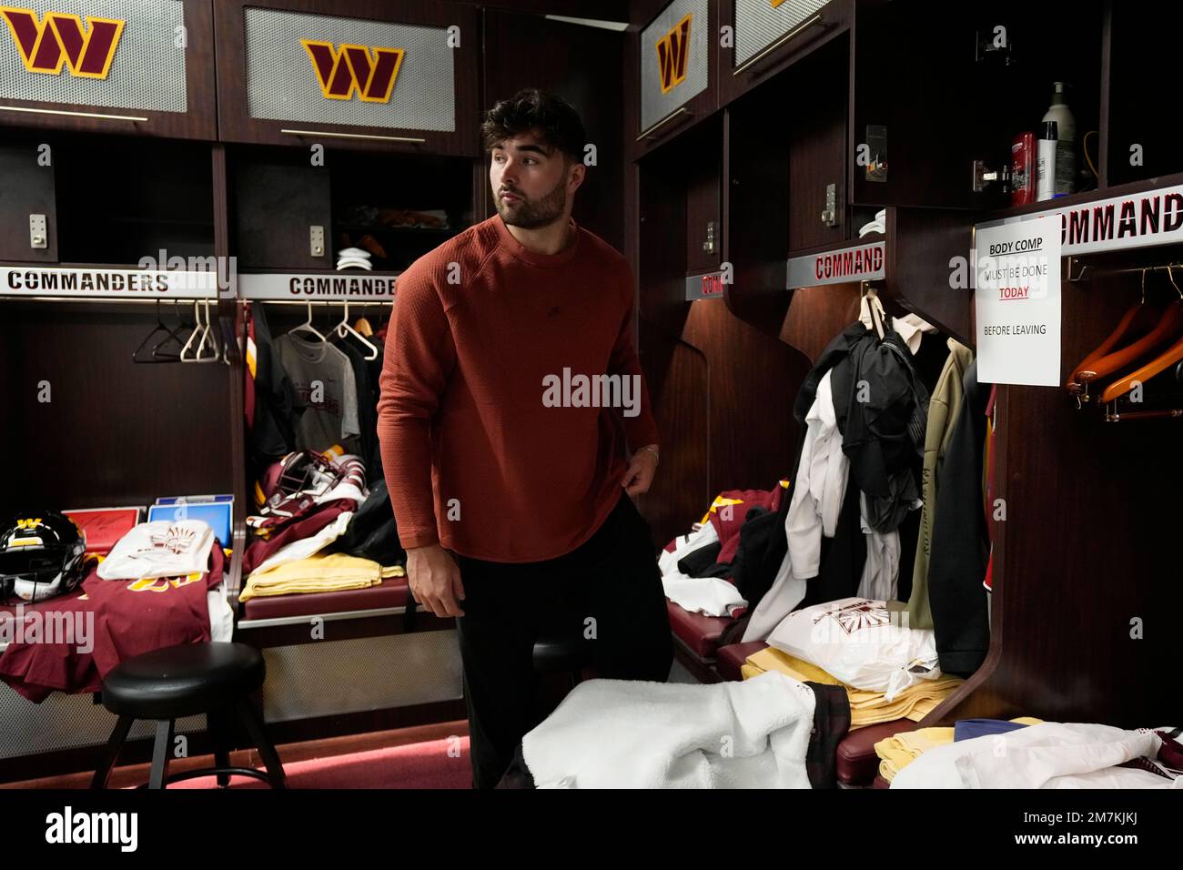 Washington Commanders quarterback Sam Howell packs his belongings from ...