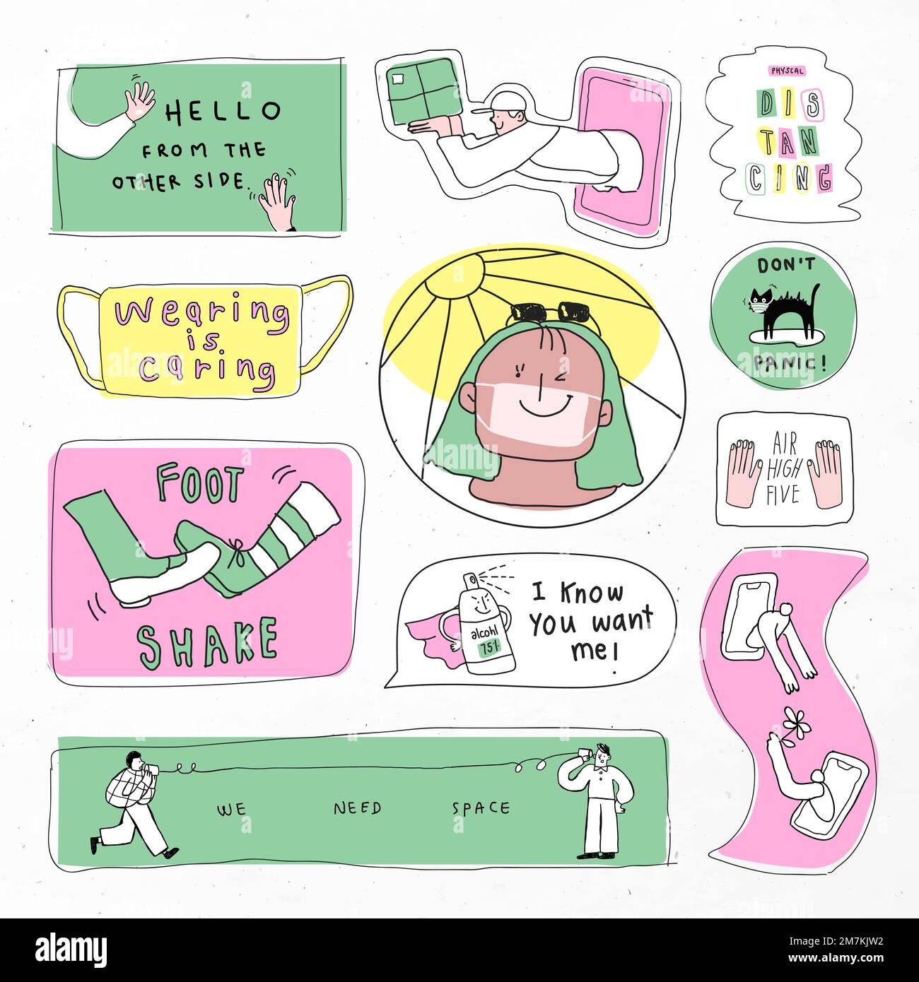 COVID-19 new normal lifestyle vector cute doodle sticker collection ...