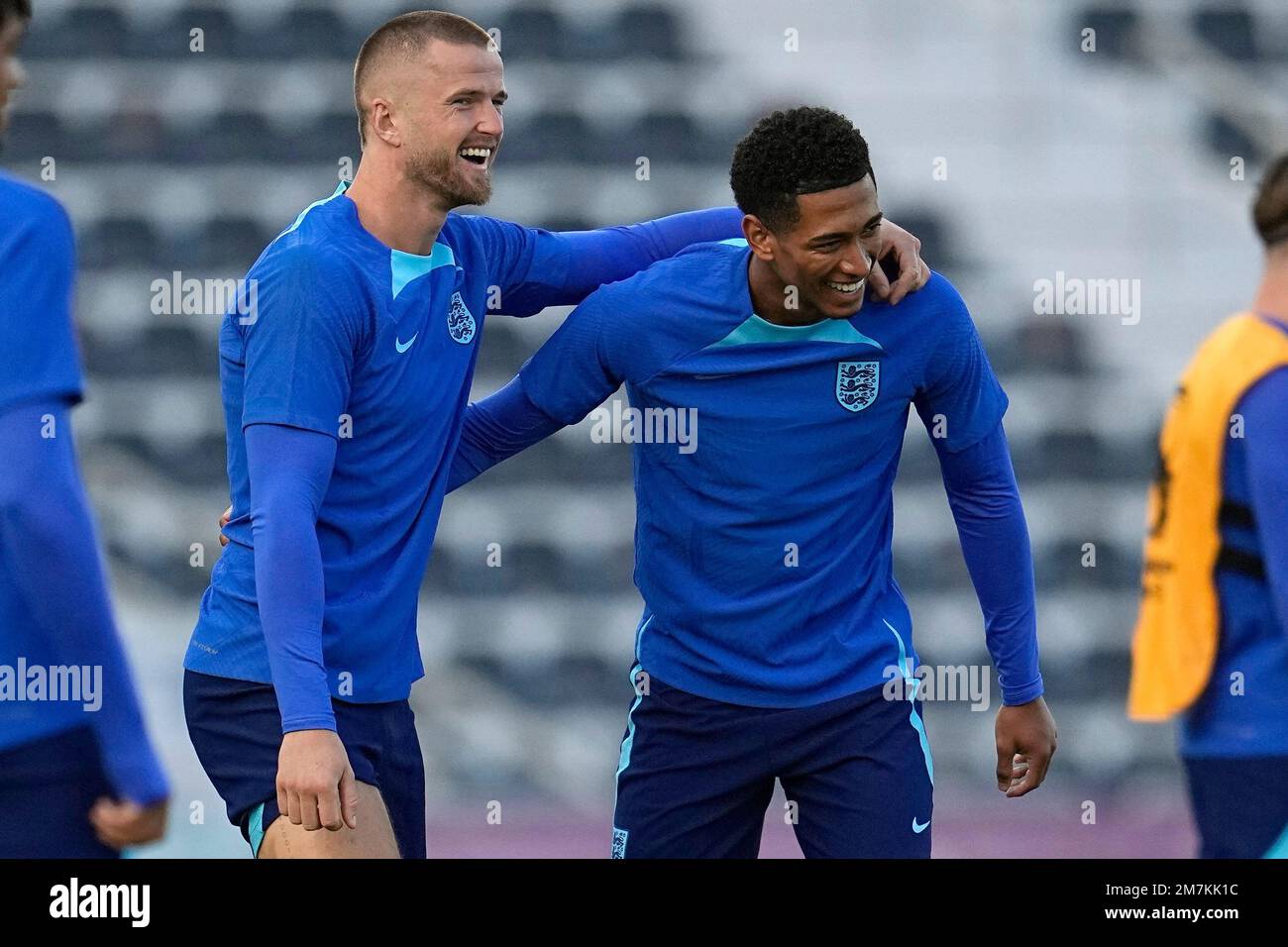 England's Eric Dier, left, and Jude Bellingham laugh during an official ...