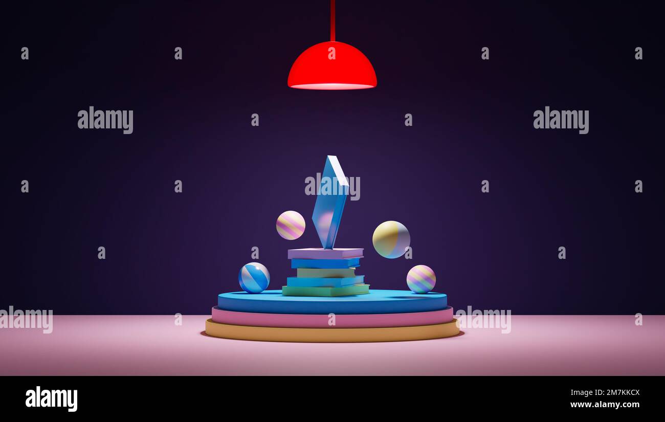 3d rendering stack book on circle podium and red lamp and light for ...