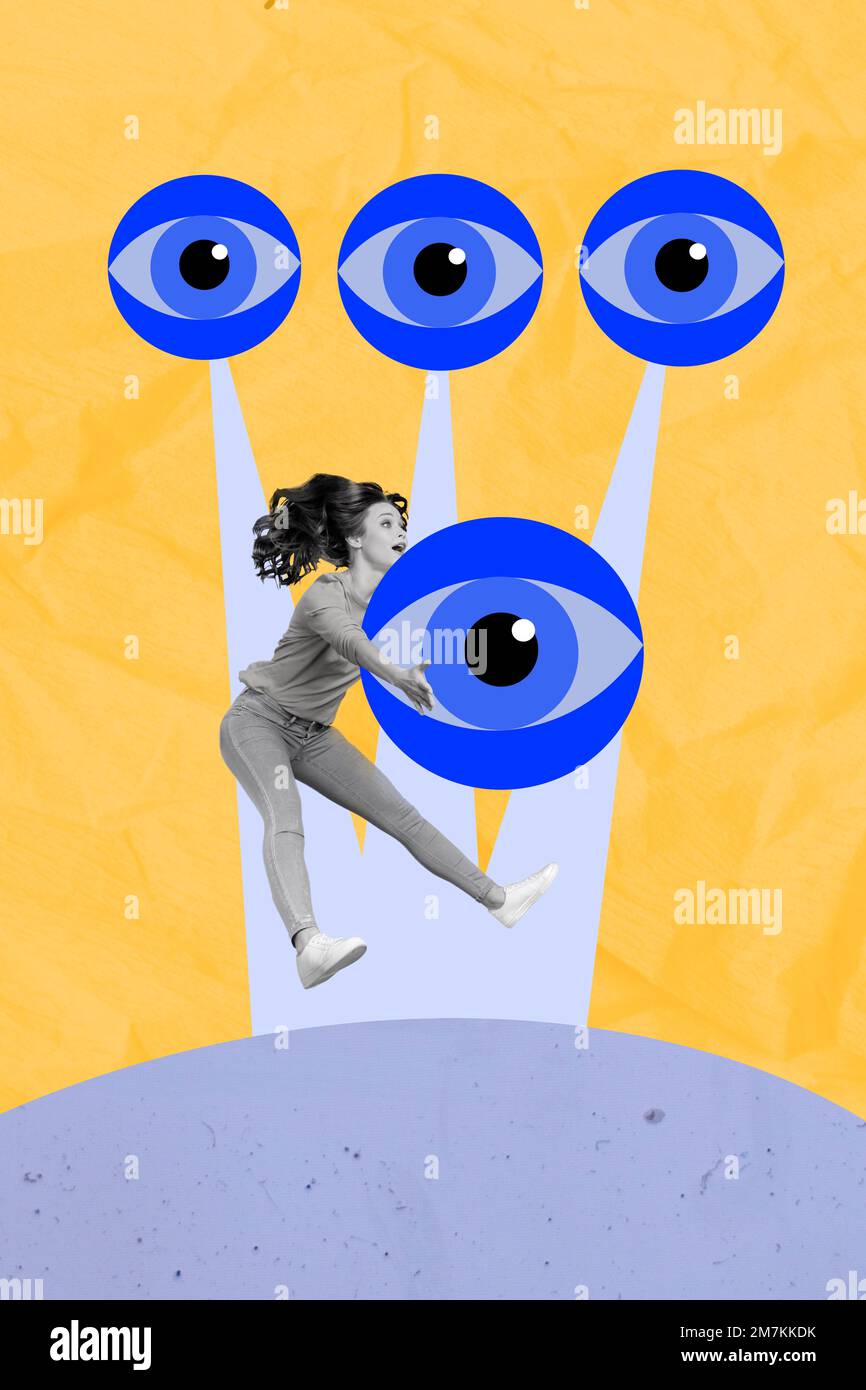 Vertical collage image of overjoyed impressed black white colors girl ...