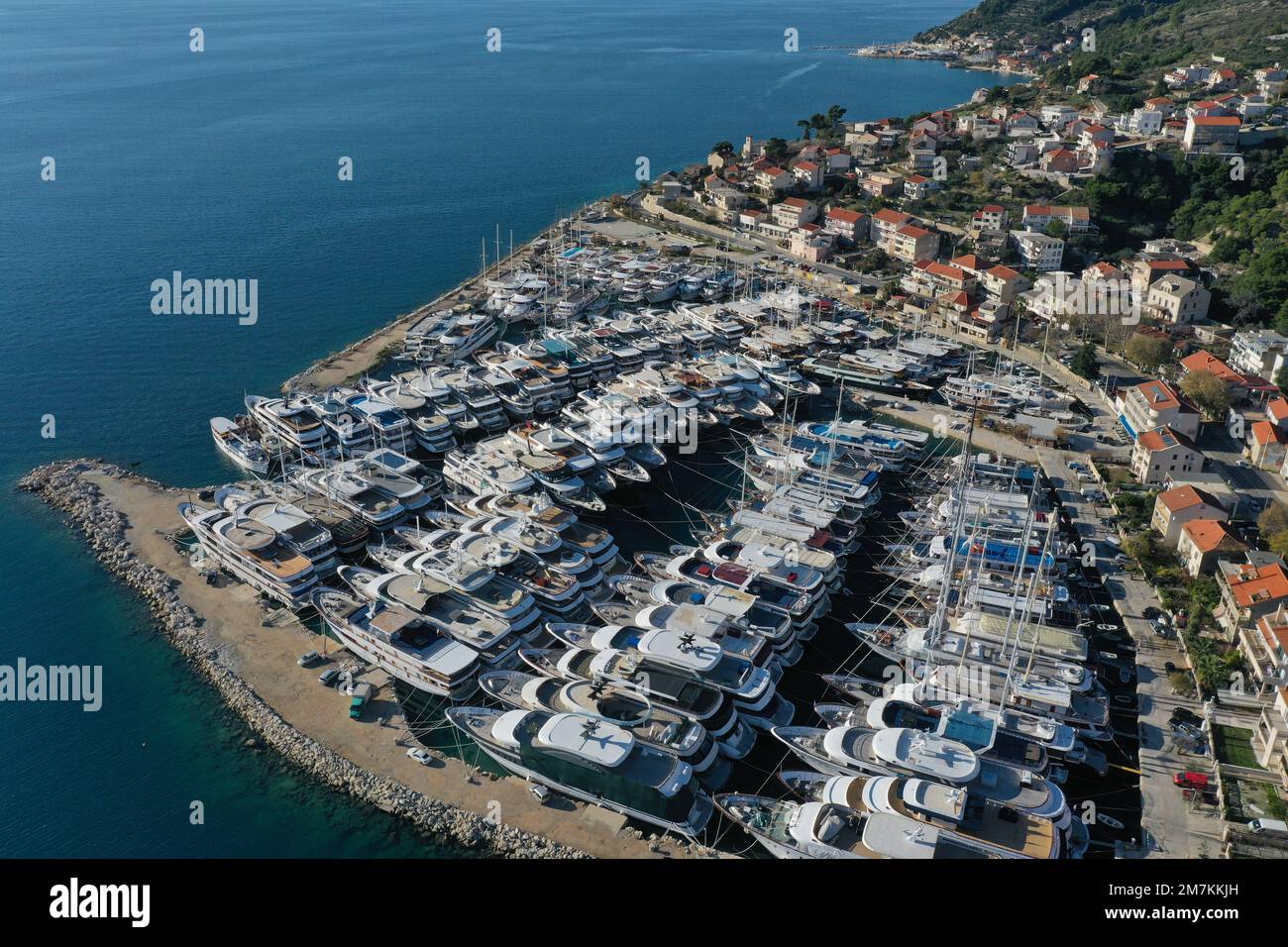 Aerial view of Krilo Jesenice, where the wild harbor is located. The ...