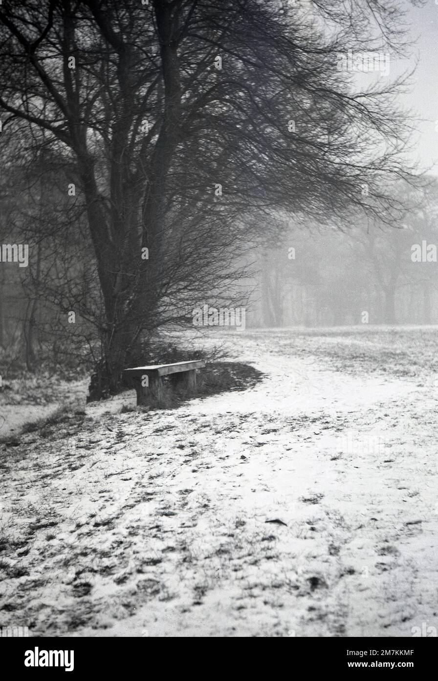 1955, historical, wintertime, a simple, rustic, wooden bench in snow ...