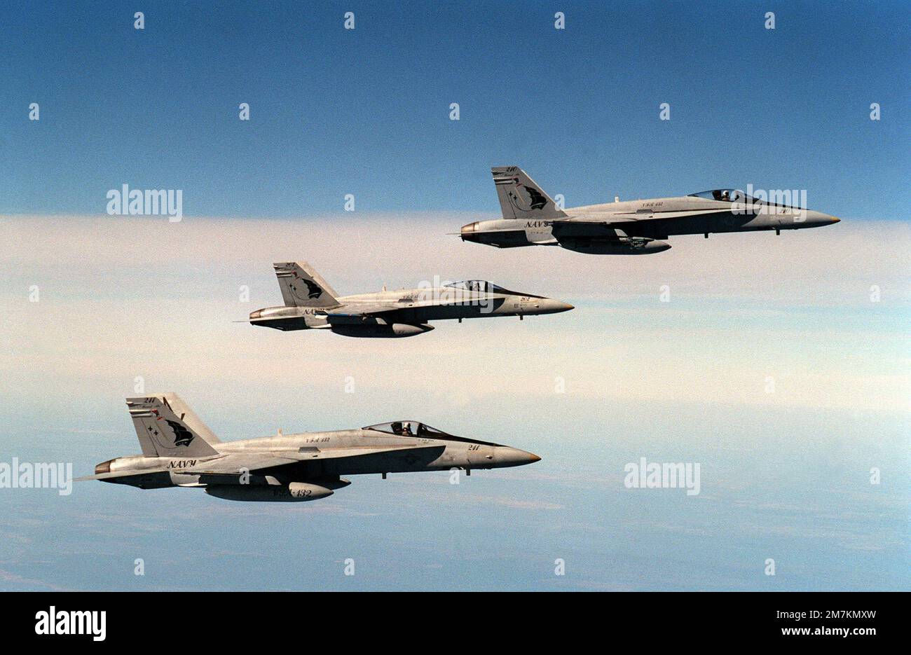 A right side view of three Strike Fighter Squadron 132 (VFA-132) F/A ...