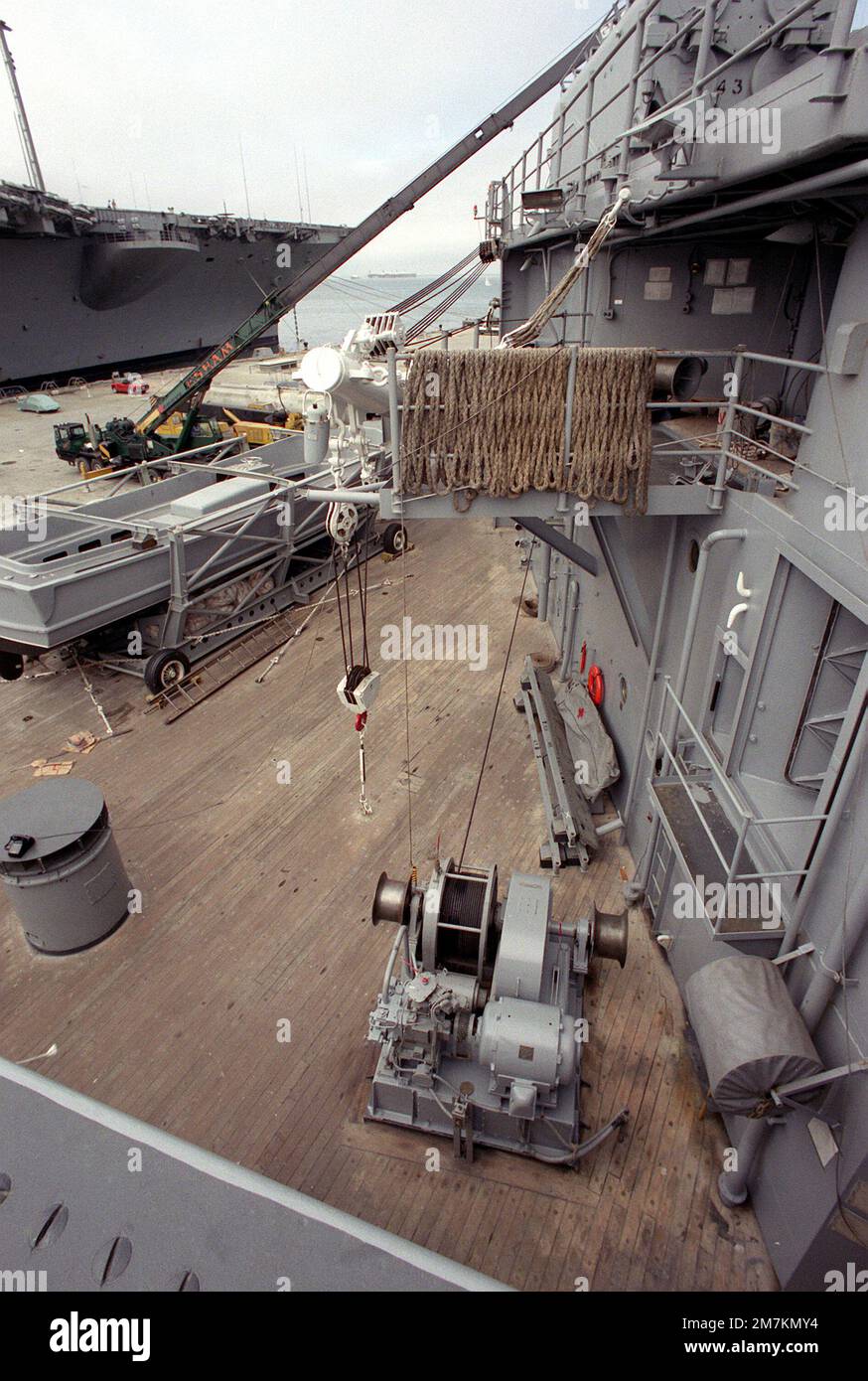 A view of the port boat boom on the battleship USS IOWA (BB-61). Base ...