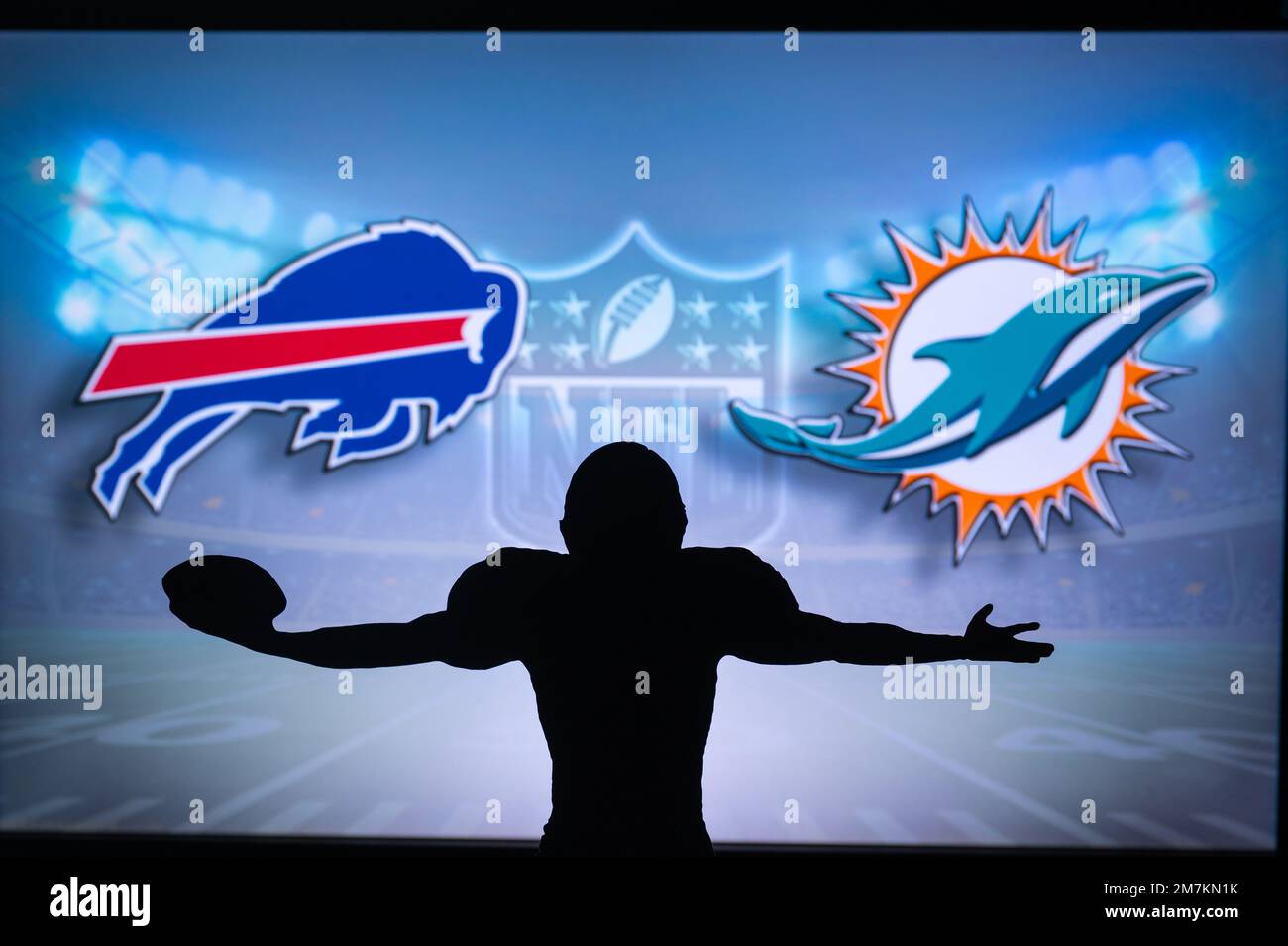 BUFFALO, USA, JANUARY 10, 2023: Miami Dolphins vs. Buffalo Bills. NFL Wild Card Round 2023 ...