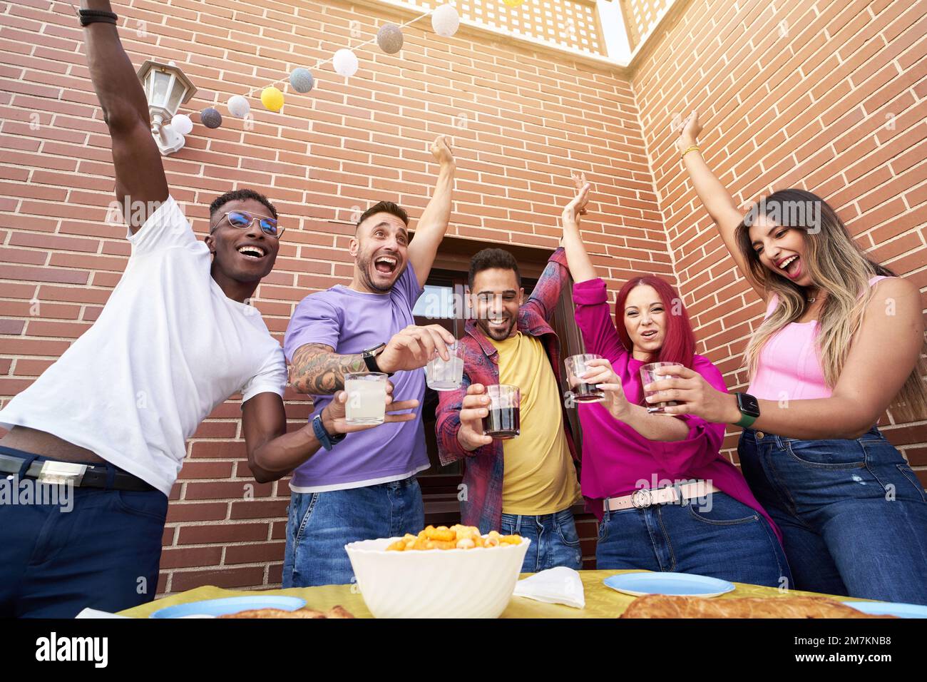 Excited friends celebrating and having fun while having a party ...