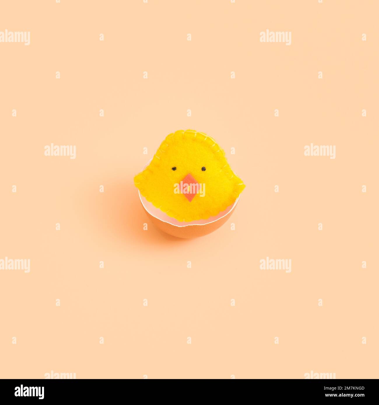 DIY Easter chicken in an eggshell. Beige background, concept. Isolate ...