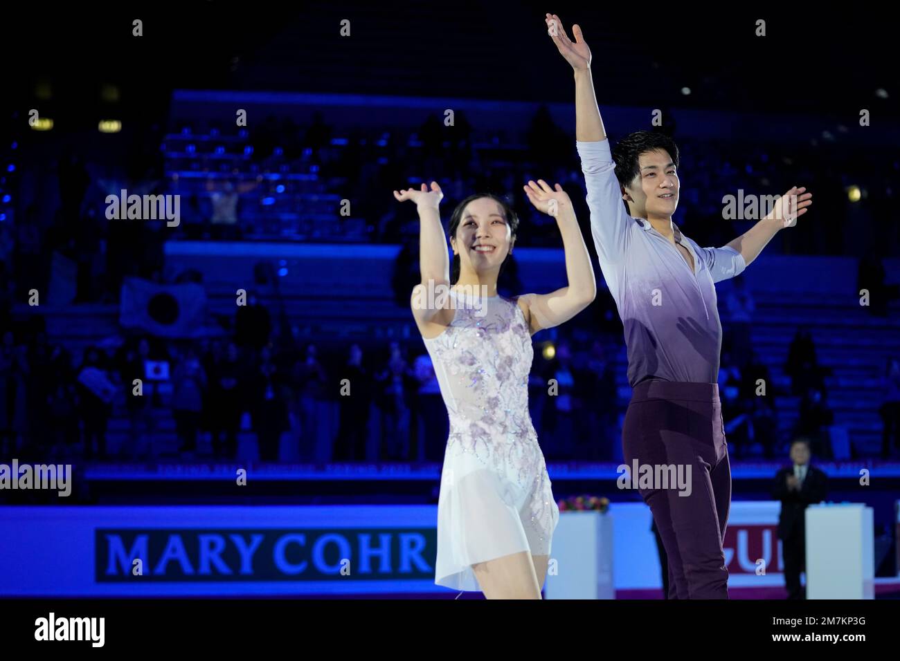 First place, Japan's Riku Miura and Ryuichi Kihara, pose after the ...