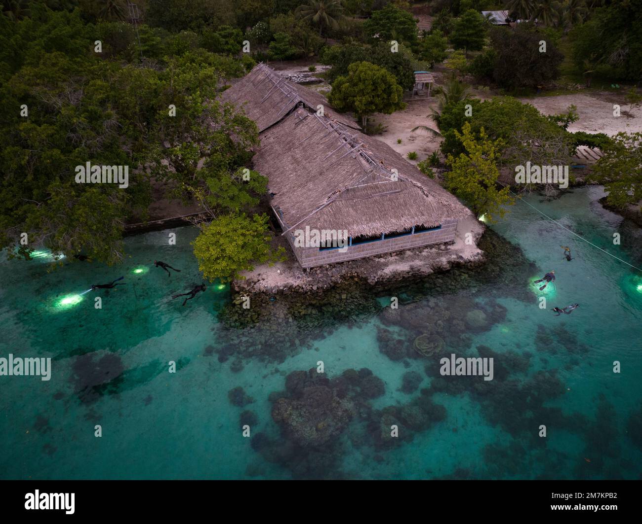 Seen from above, snorkelers explore a shallow coral reef at night next ...