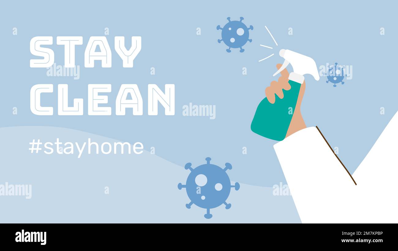 Stay clean and stay safe. Man spraying alcohol to prevent infection of ...