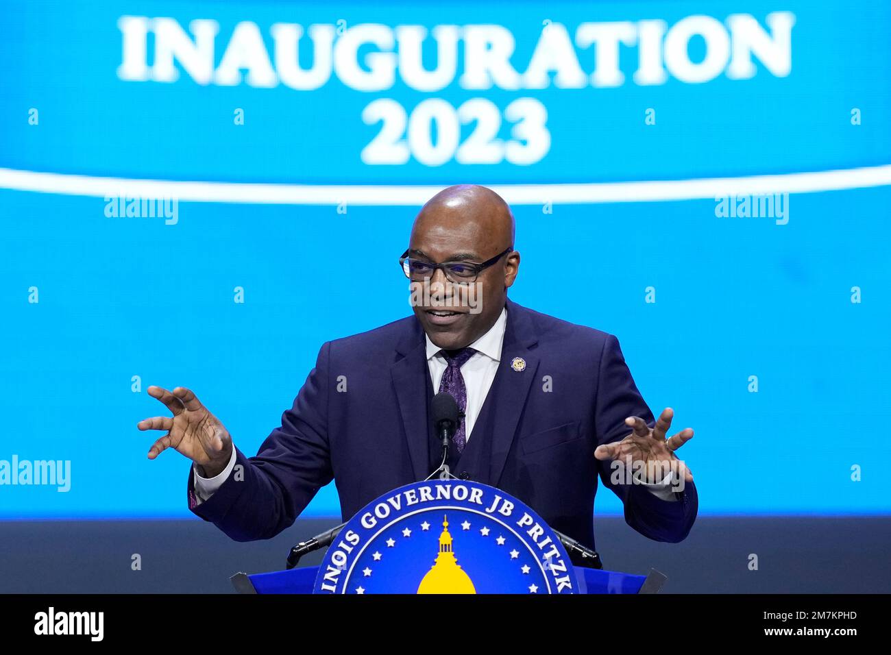 Illinois Attorney General Kwame Raoul delivers his remarks after being ...