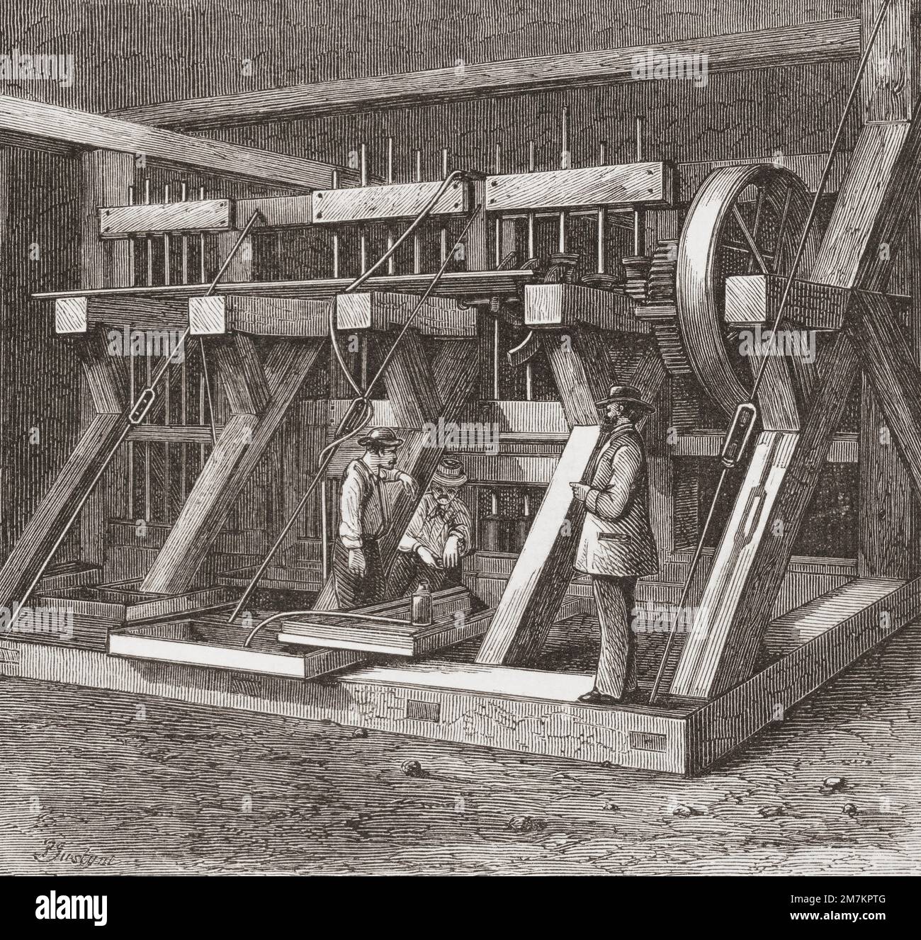 A gold quartz mill in the 19th century. After an illustration by Percy ...