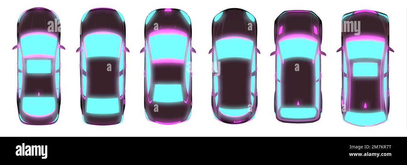 neon passenger cars top view isolated on white. 3d rendering Stock ...