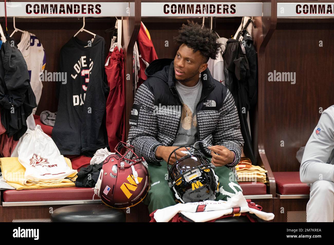 Washington Commanders wide receiver Dyami Brown packs his belongings ...